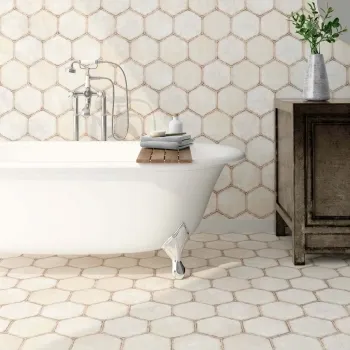 Fusion White Marble Effect & Oak Border Hexagon Tile