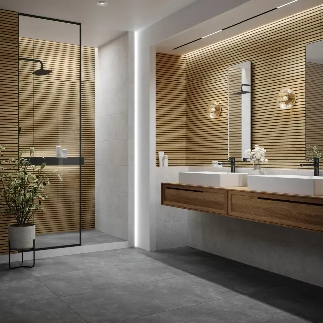 Bandwood Dark Oak Slatted Wood Effect Ceramic Wall Tiles