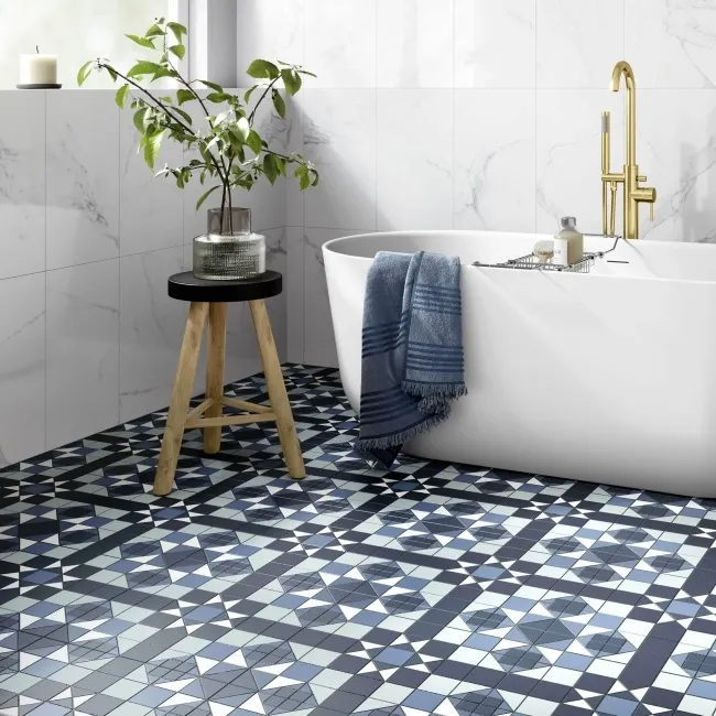 Devon Blue Victorian Patterned Matt Ceramic Floor Tile | Tile Mountain