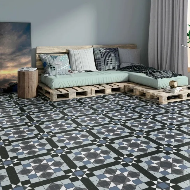 Devon Blue Victorian Patterned Matt Ceramic Floor Tile | Tile Mountain