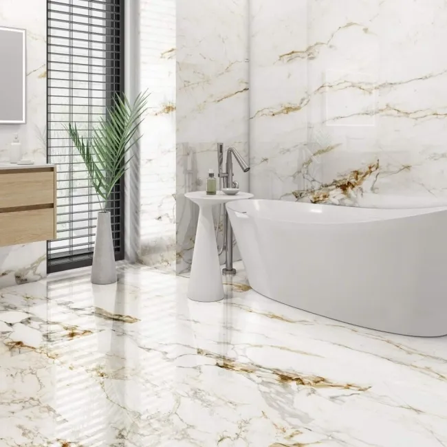Barnaby White Marble Effect Large Polished Wall & Floor Tile | Tile ...