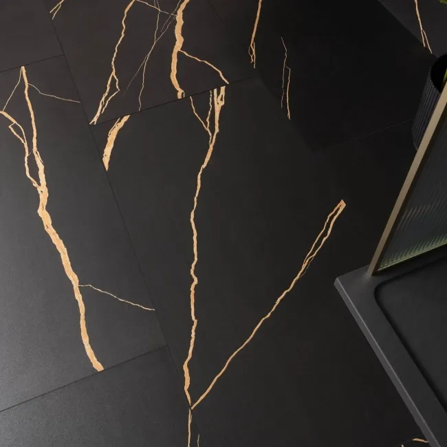 Da Vinci Golden Black Marble Effect Semi Polished Porcelain Tile | Tile ...