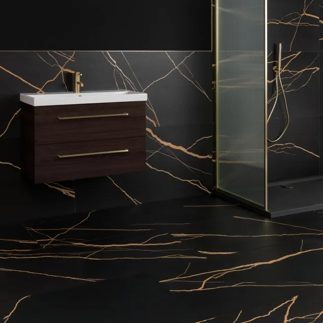 Da Vinci Golden Black Marble Effect Semi Polished Porcelain Tile | Tile ...