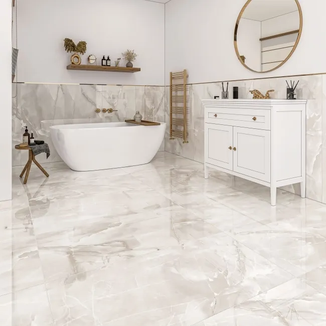 Reale Light Grey Onyx Marble Effect Polished Porcelain Tile | Tile Mountain